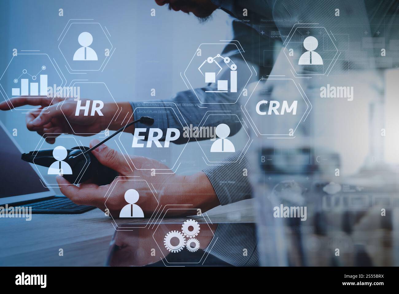 Architecture of ERP (Enterprise Resource Planning) system with connections between business ...