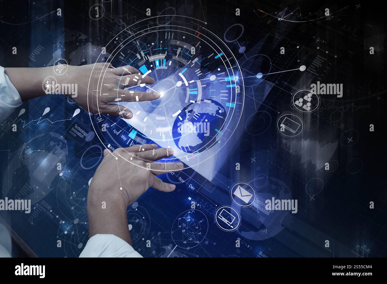 businessman hand working with modern technology and digital layer ...