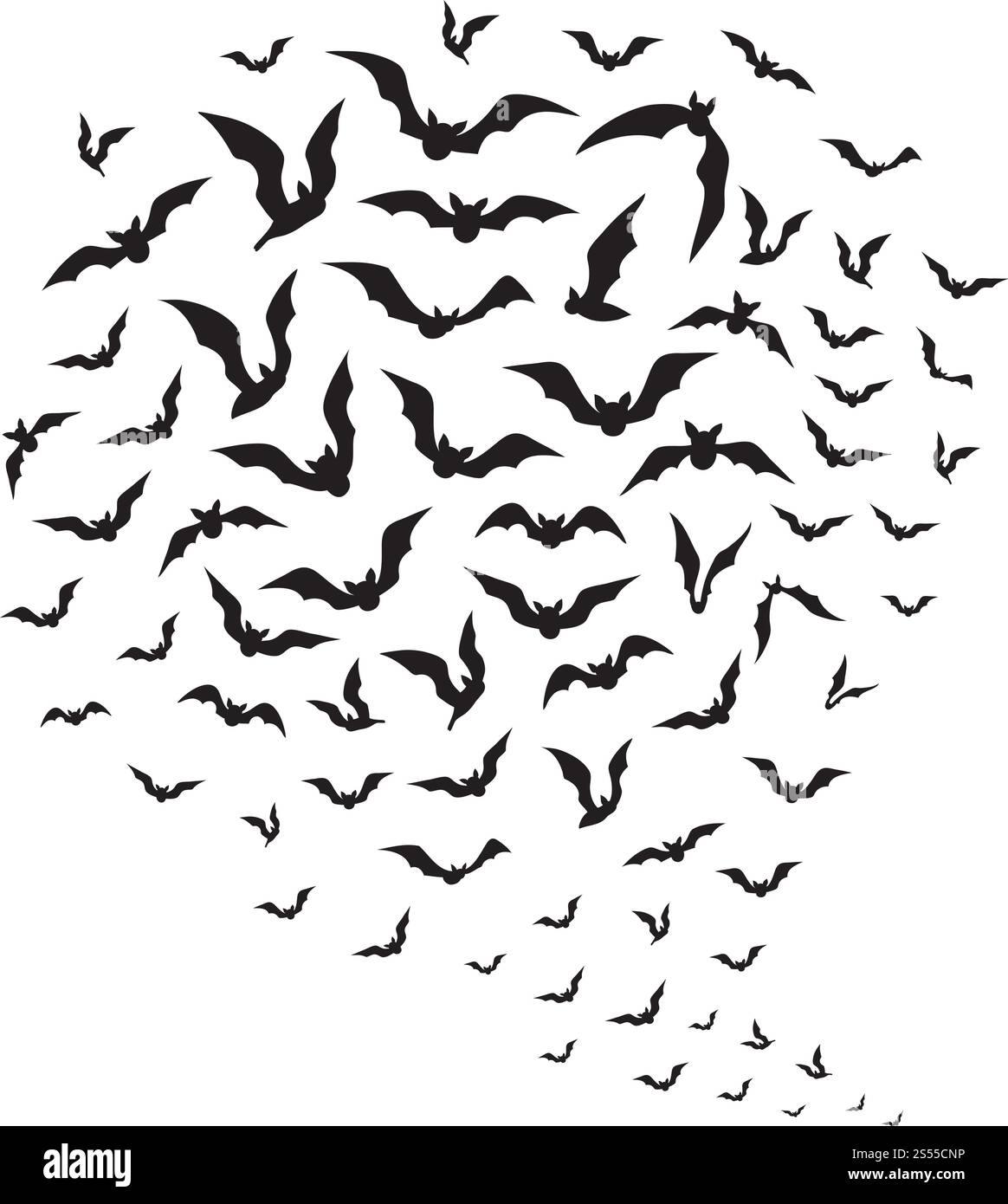 Halloween flying bats. Swarm of bat silhouettes in sky. Creepy batman ...