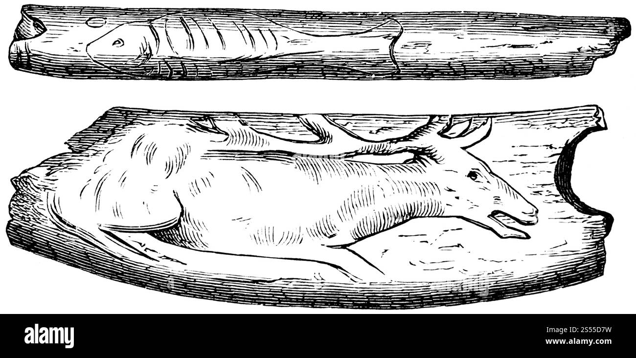 Decorated reindeer bones, carving of fish and deer, handicraft, art ...