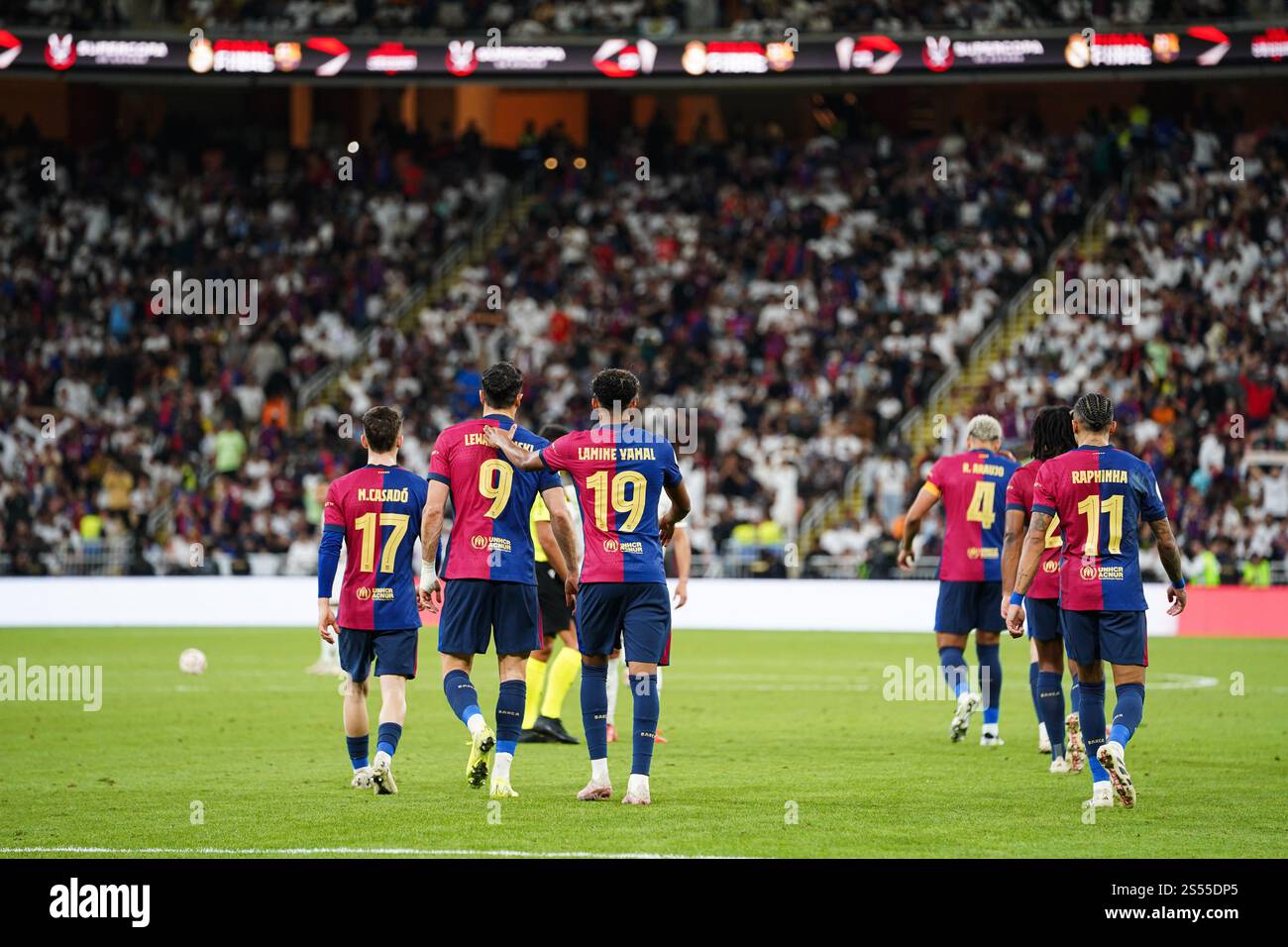 Jeddah, Saudi Arabia. 12th Jan, 2025. Barcelona players celebrate scoring their team second goal ...