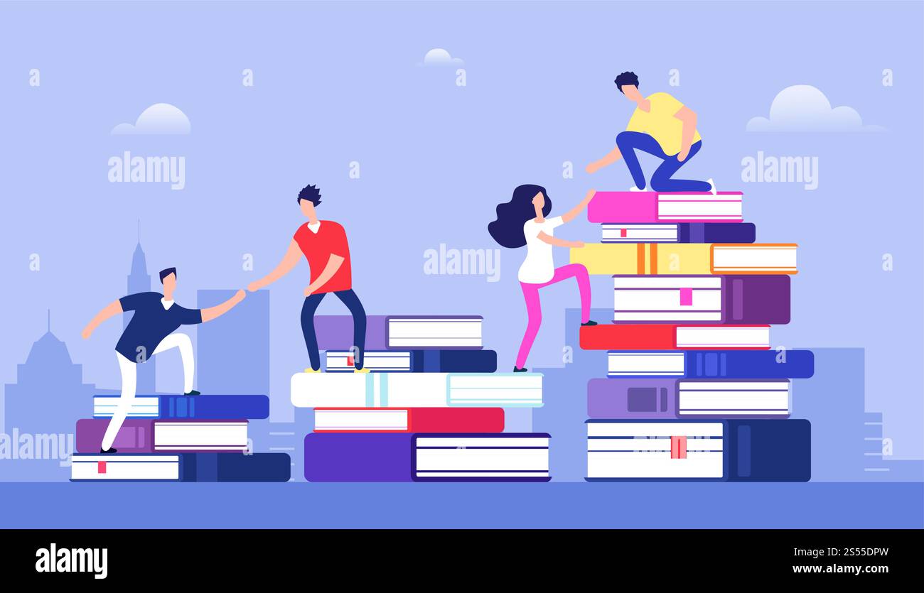 People climbing books. Business success, education level and staff and ...