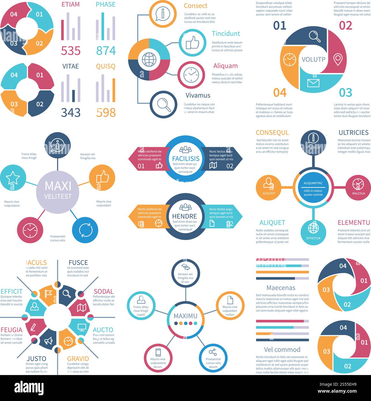 Infographic design. Pie charts and step circle diagram, text layouts ...