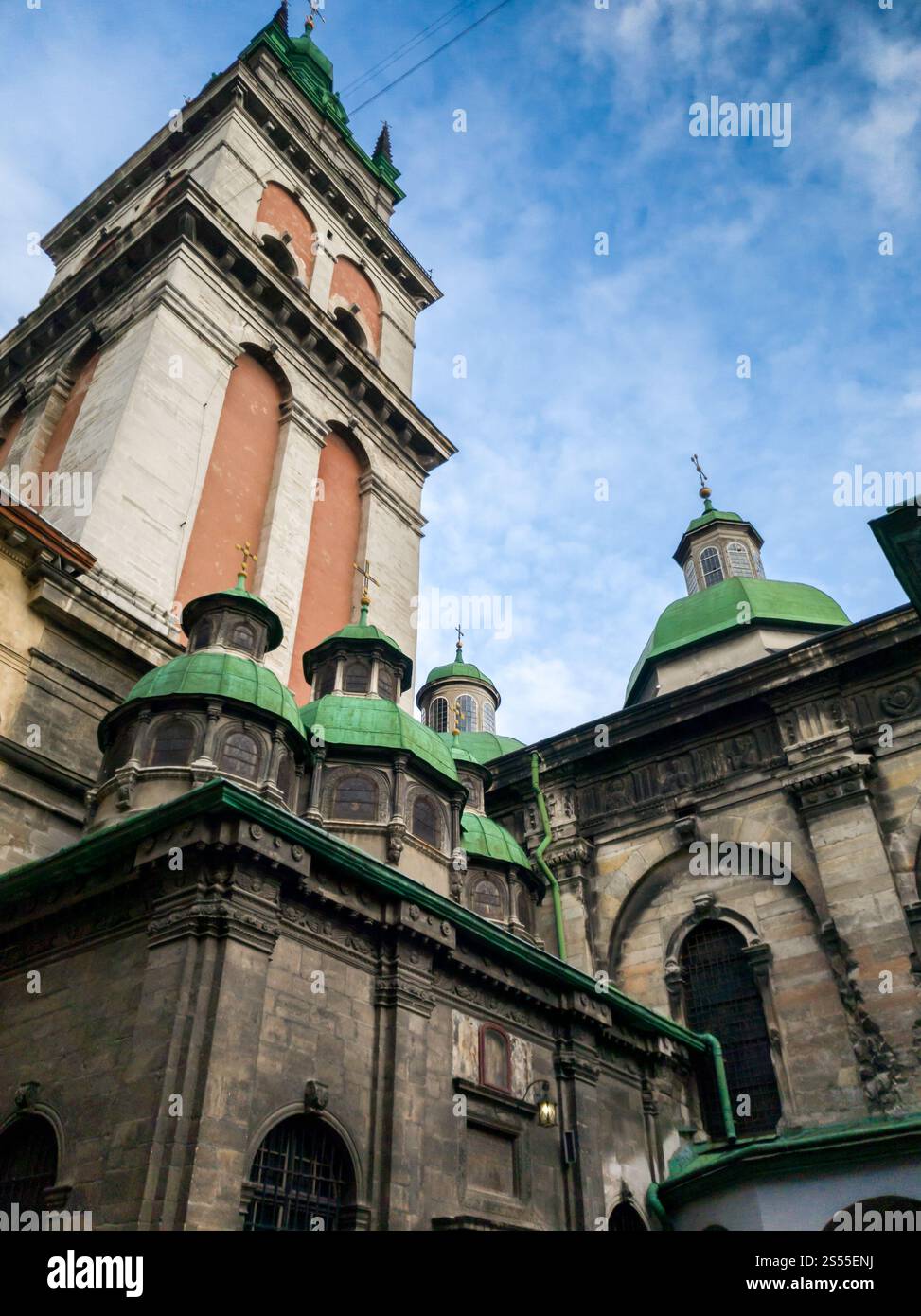 Beautiful image of old cathedral and church rooftops at small european ...