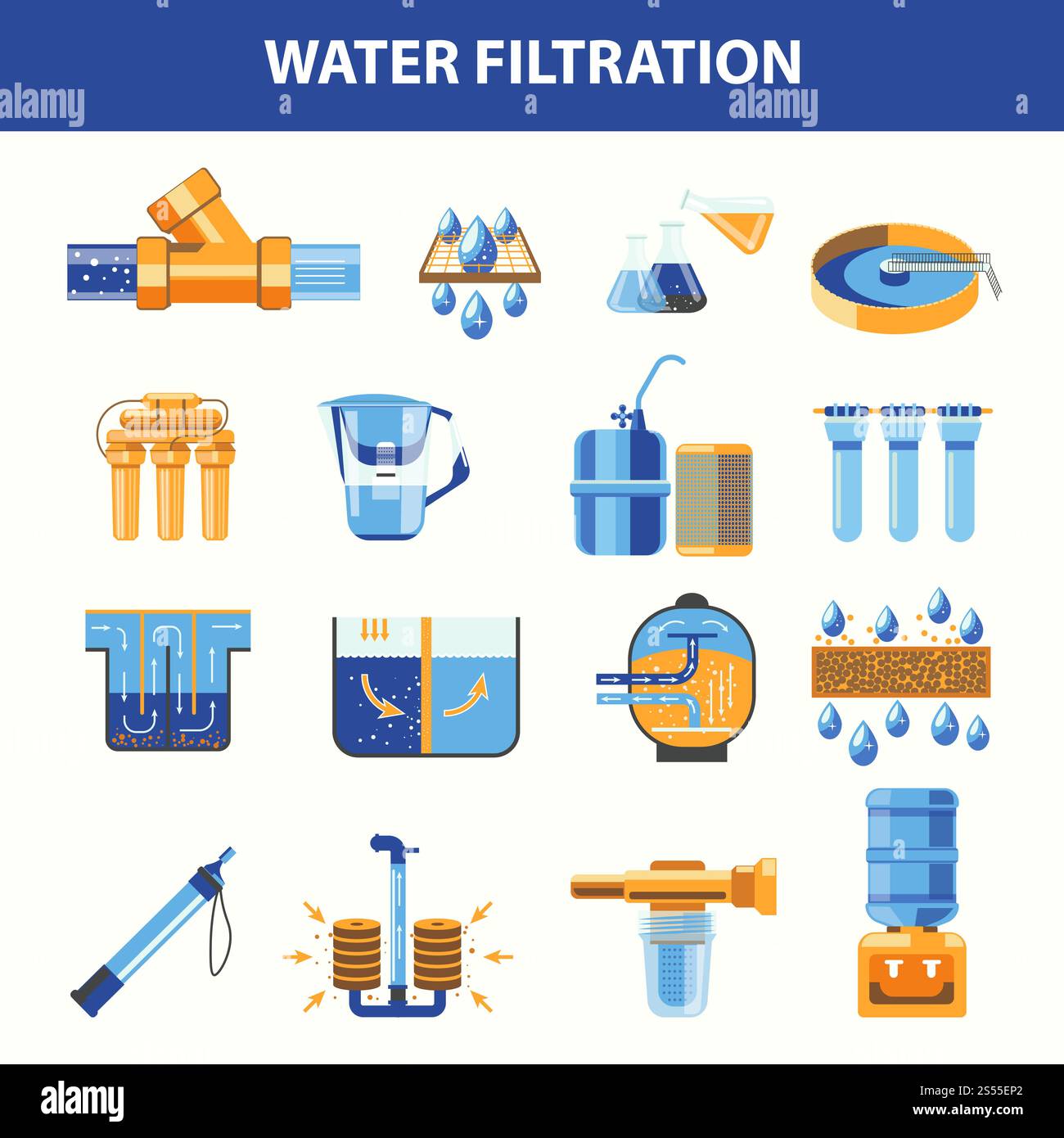 Water filtration processes with special modern technologies set. Golden ...