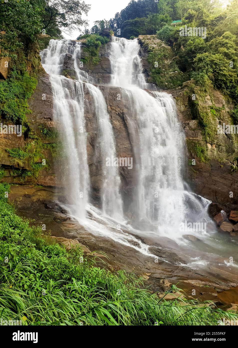 Beautiful image of big waterfall in the jungle forest at sunset ...