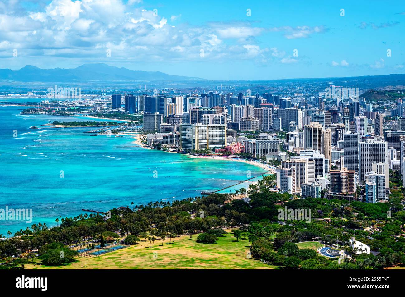 Aerial View from Diamond Head State Monument lookout of Waikiki Beach ...