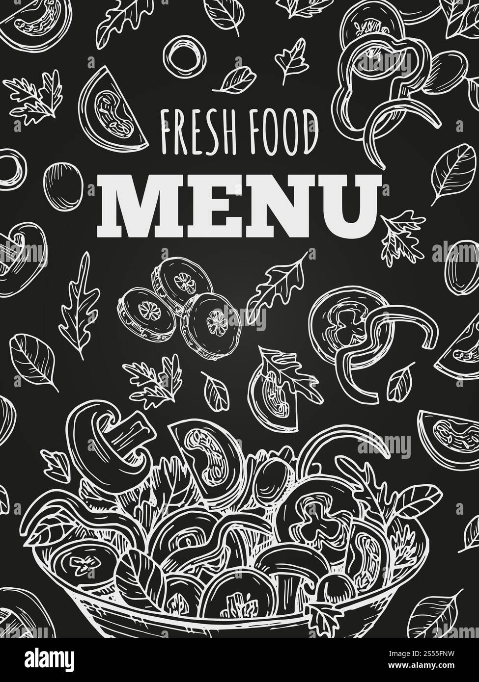 Chalkboard fresh food menu vector template. Menu cover design with hand ...