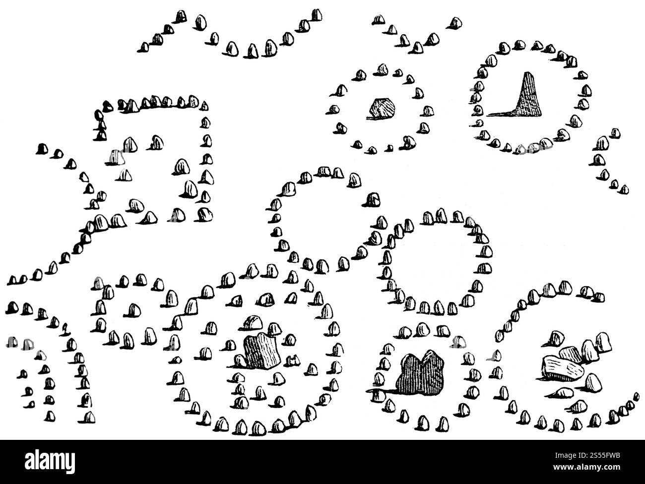 Group of Danish cromlechs, arrangement of megalithic tombs, Nordic ...
