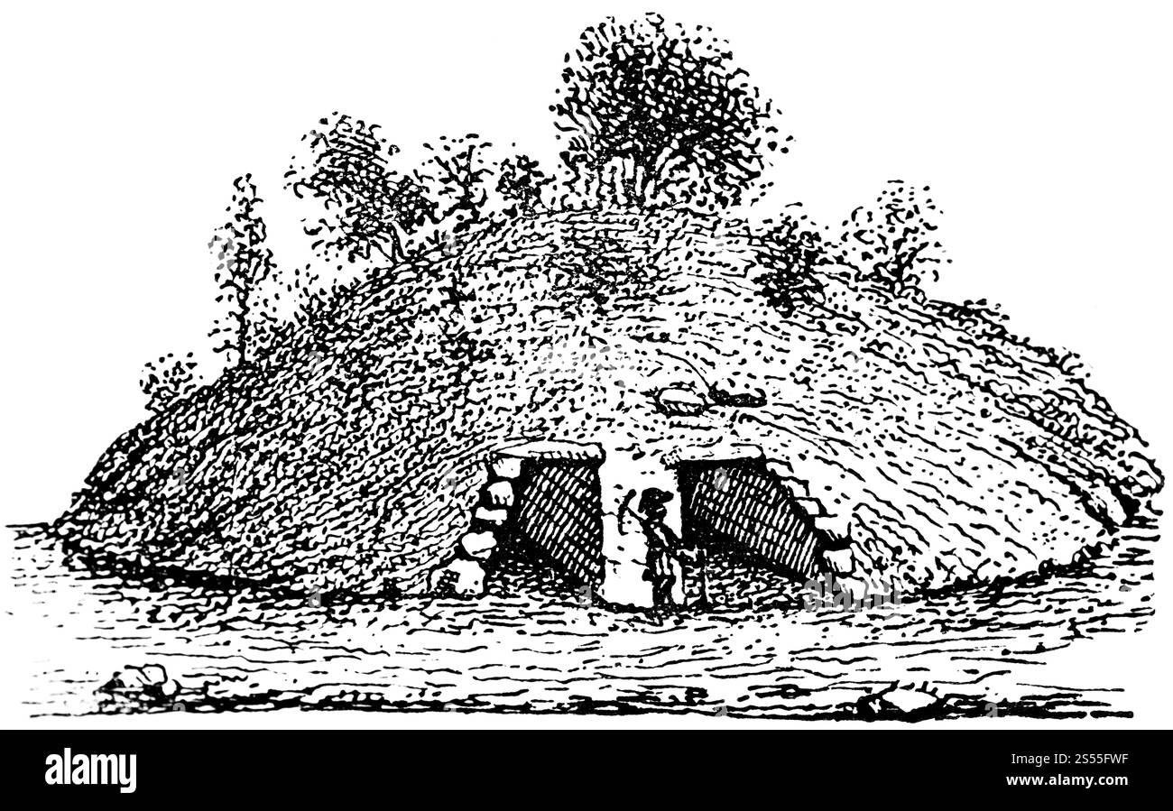 Entrances to a Danish burial mound with passage graves, circular, trees ...