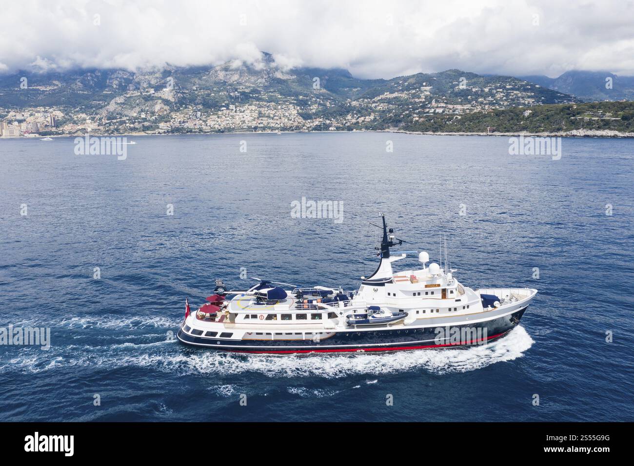 Aerial view expedition yacht motor yacht ITASCA (ex Thames III, Smit ...