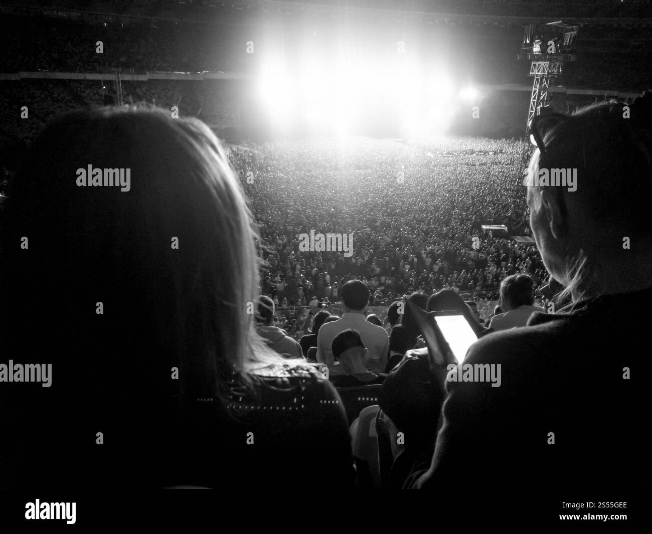 Crowd of fans sitting on the stadium tribunes and listening to rock ...