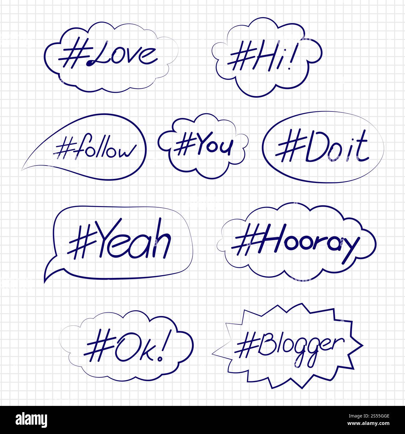 Ballpoint pen drawing hashtags in bubbles on notebook page. Vector ...