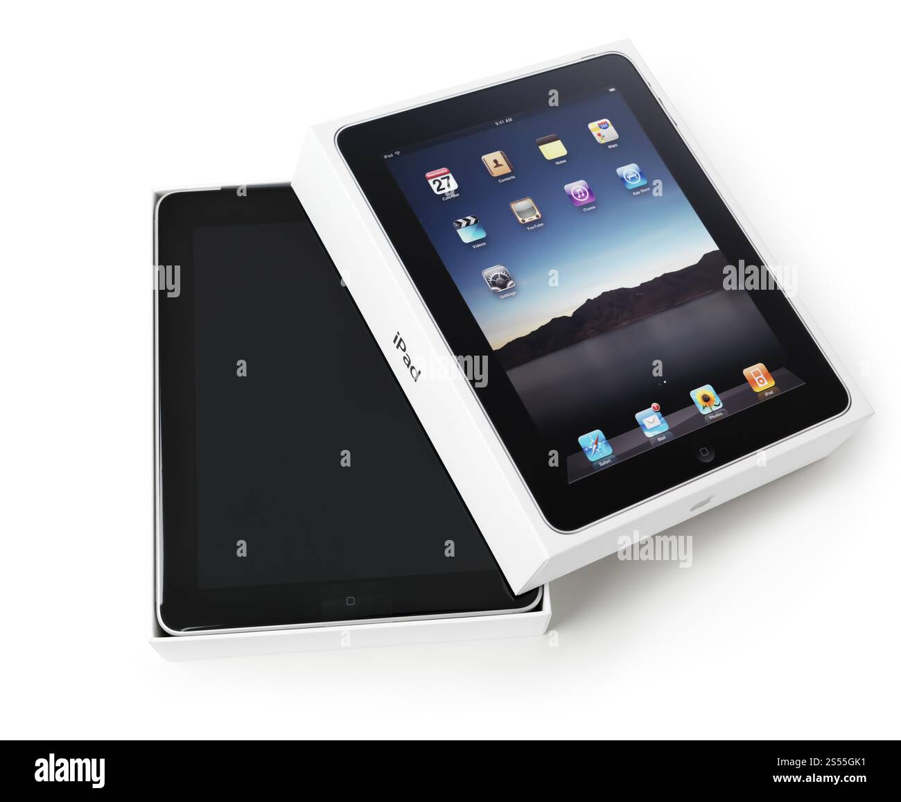 Open box with Apple iPad inside. Isolated on white background Stock ...