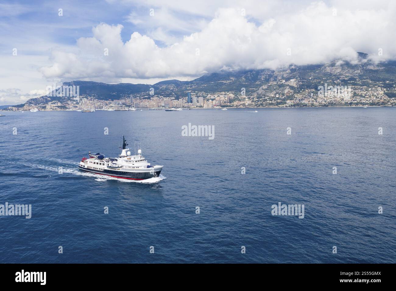 Aerial view expedition yacht motor yacht ITASCA (ex Thames III, Smit ...