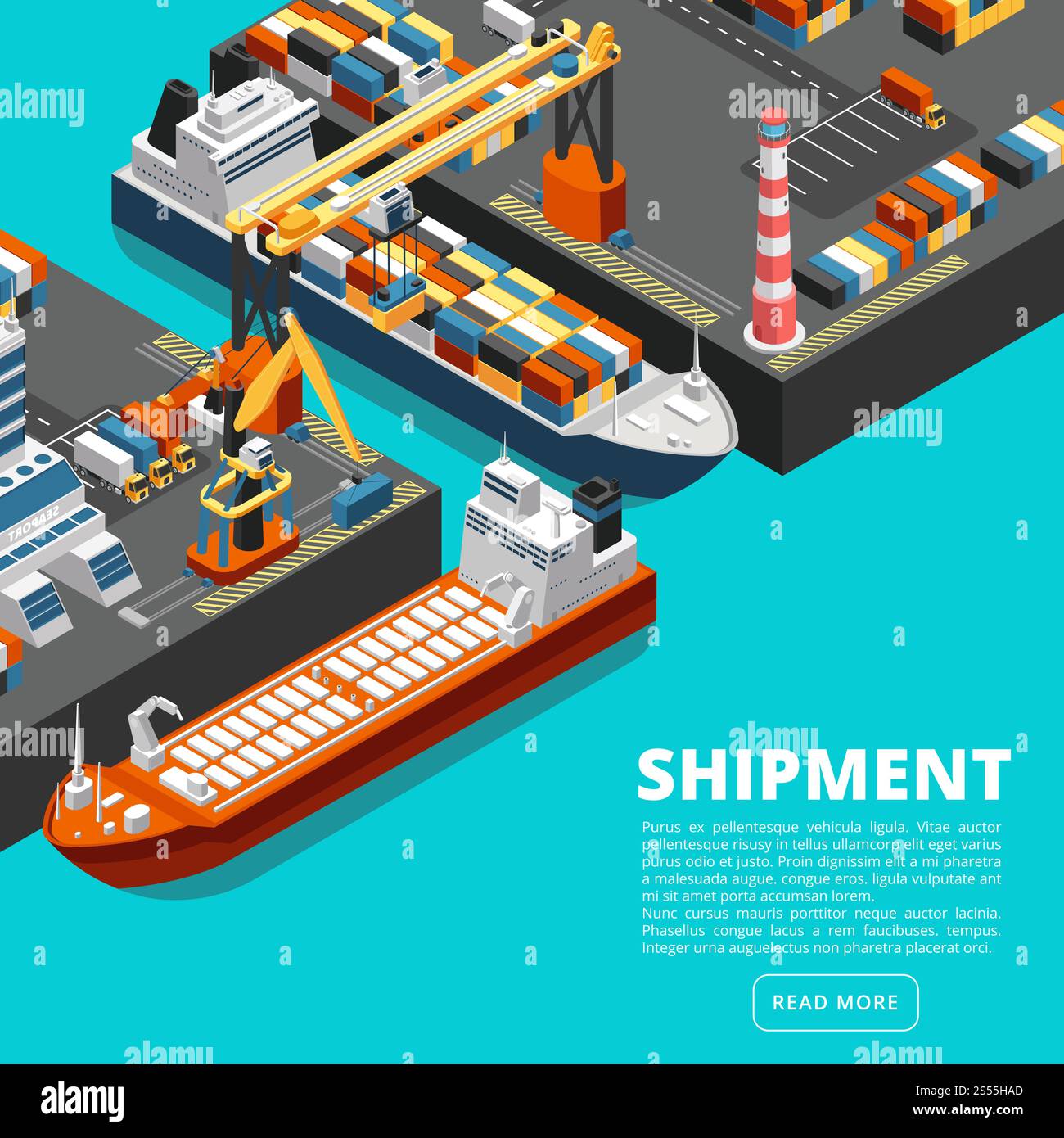 Isometric 3d seaport terminal with cargo ships, cranes and containers ...