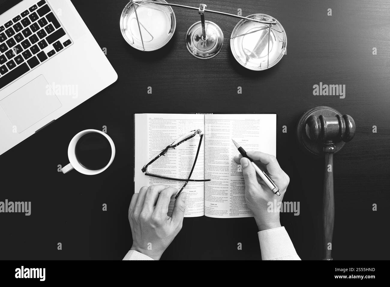justice and law concept.Top view of Male judge hand in a courtroom with ...