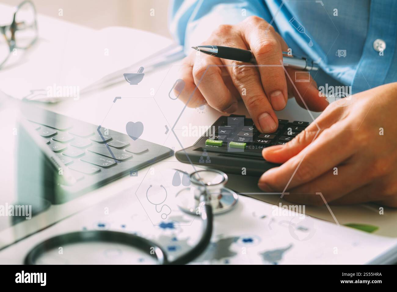 Healthcare costs and fees concept.Hand of smart doctor used a ...