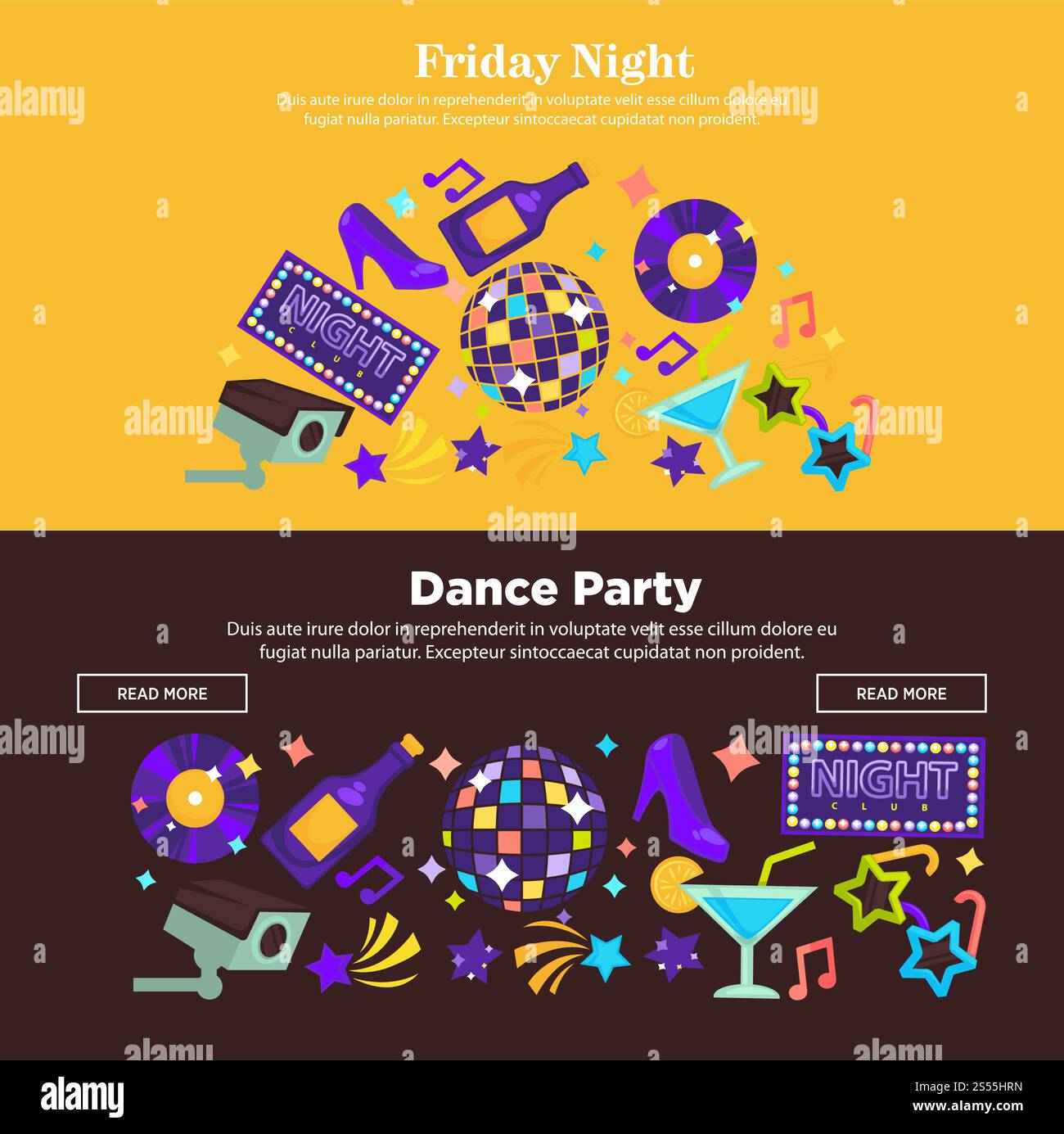 Dance party at friday night promo Internet posters. Bottle of champagne ...