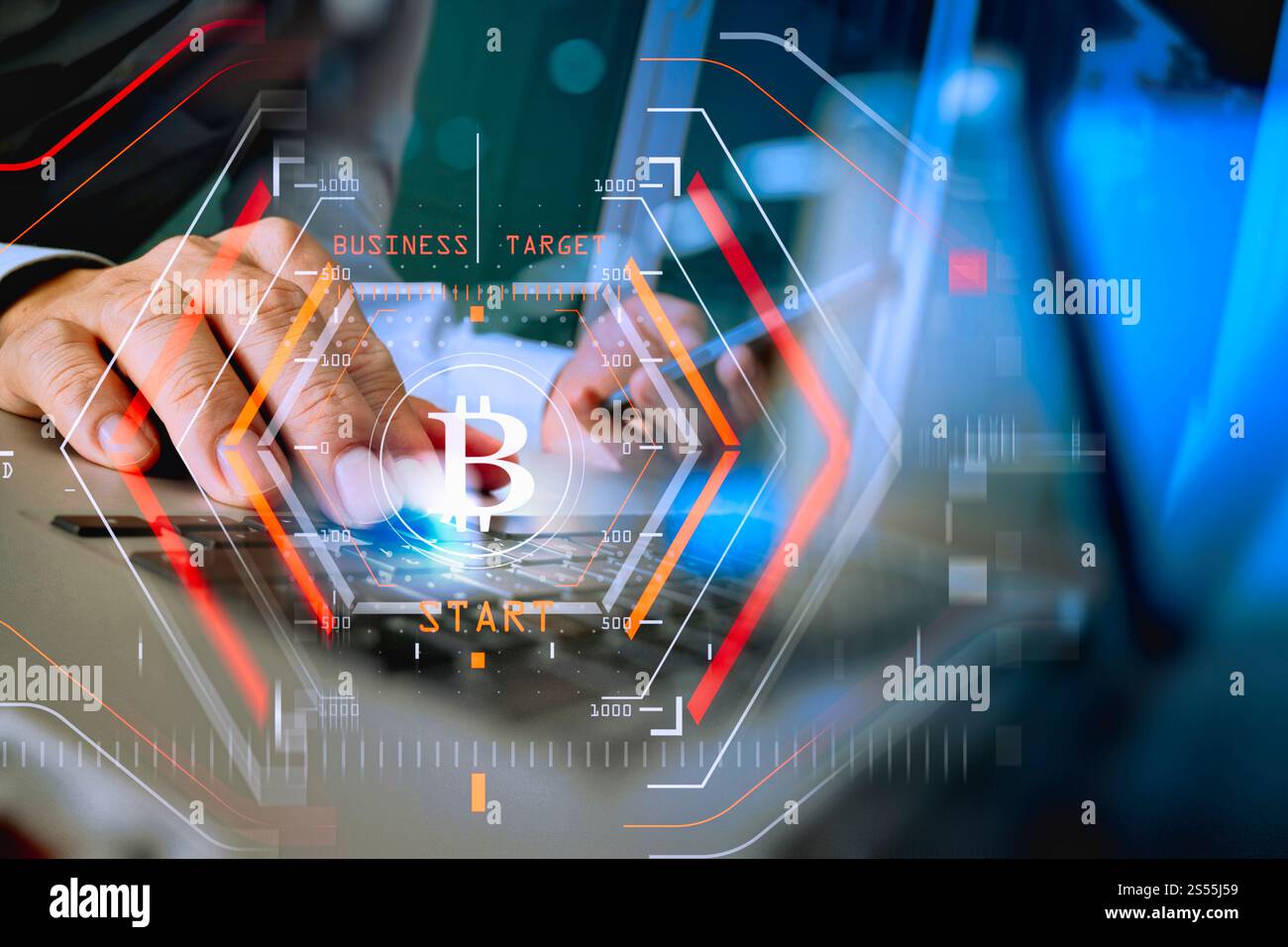 Businessman working with new modern computer and Bitcoin cryptocurry ...