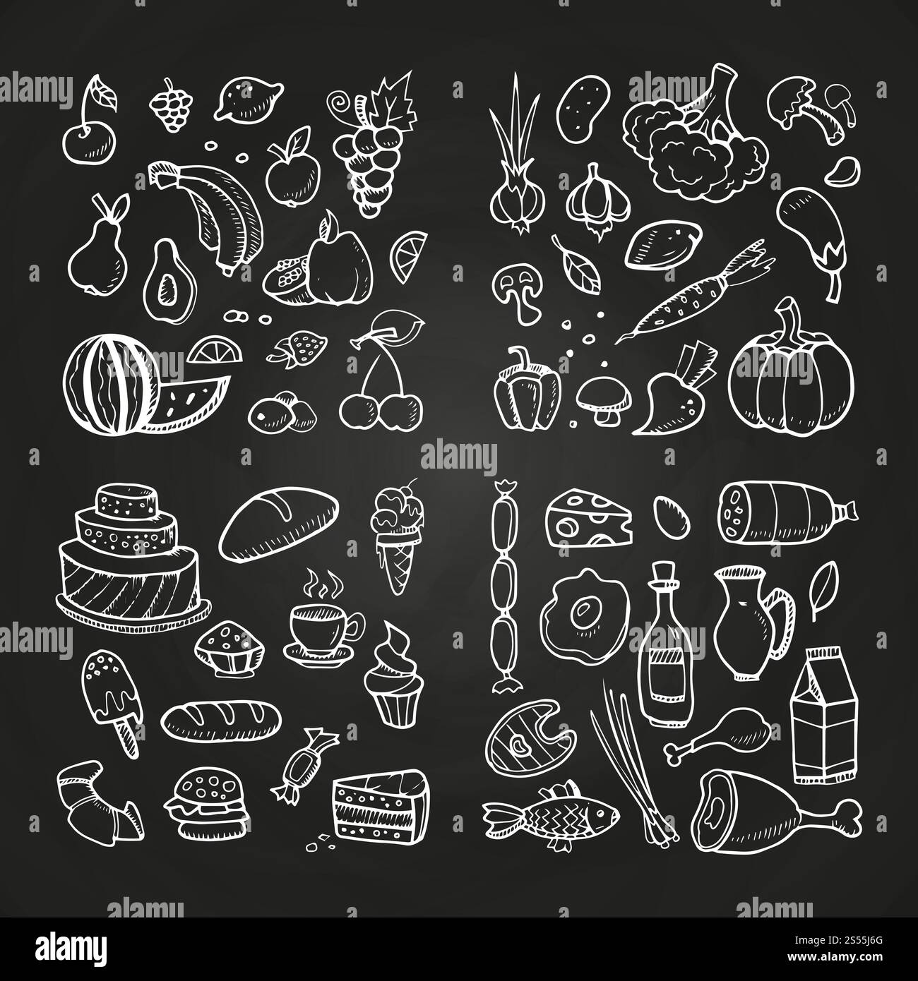 Hand drawn healhty and fast food. Doodle vegetables, fruits, desserts ...