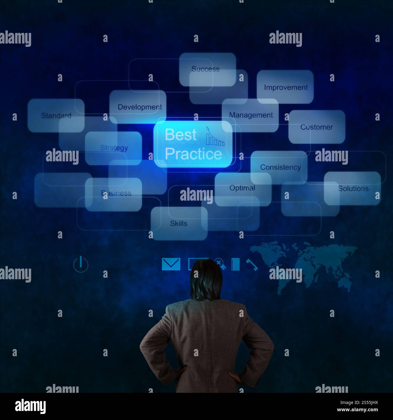 businessman hand looking at best practice word on virtual screen as ...