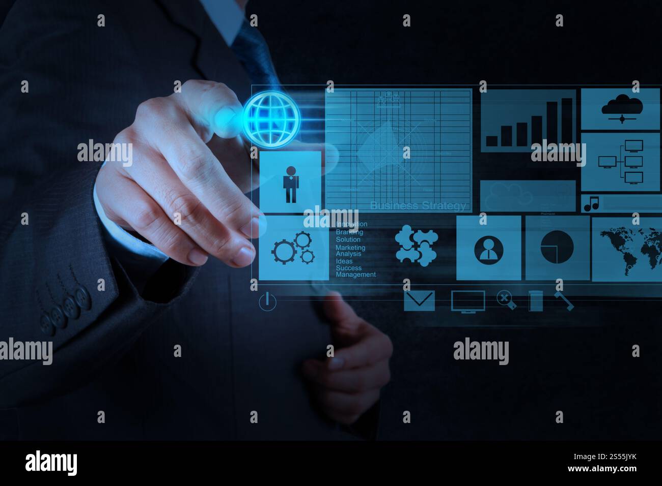 businessman working with new modern computer pushing social network ...