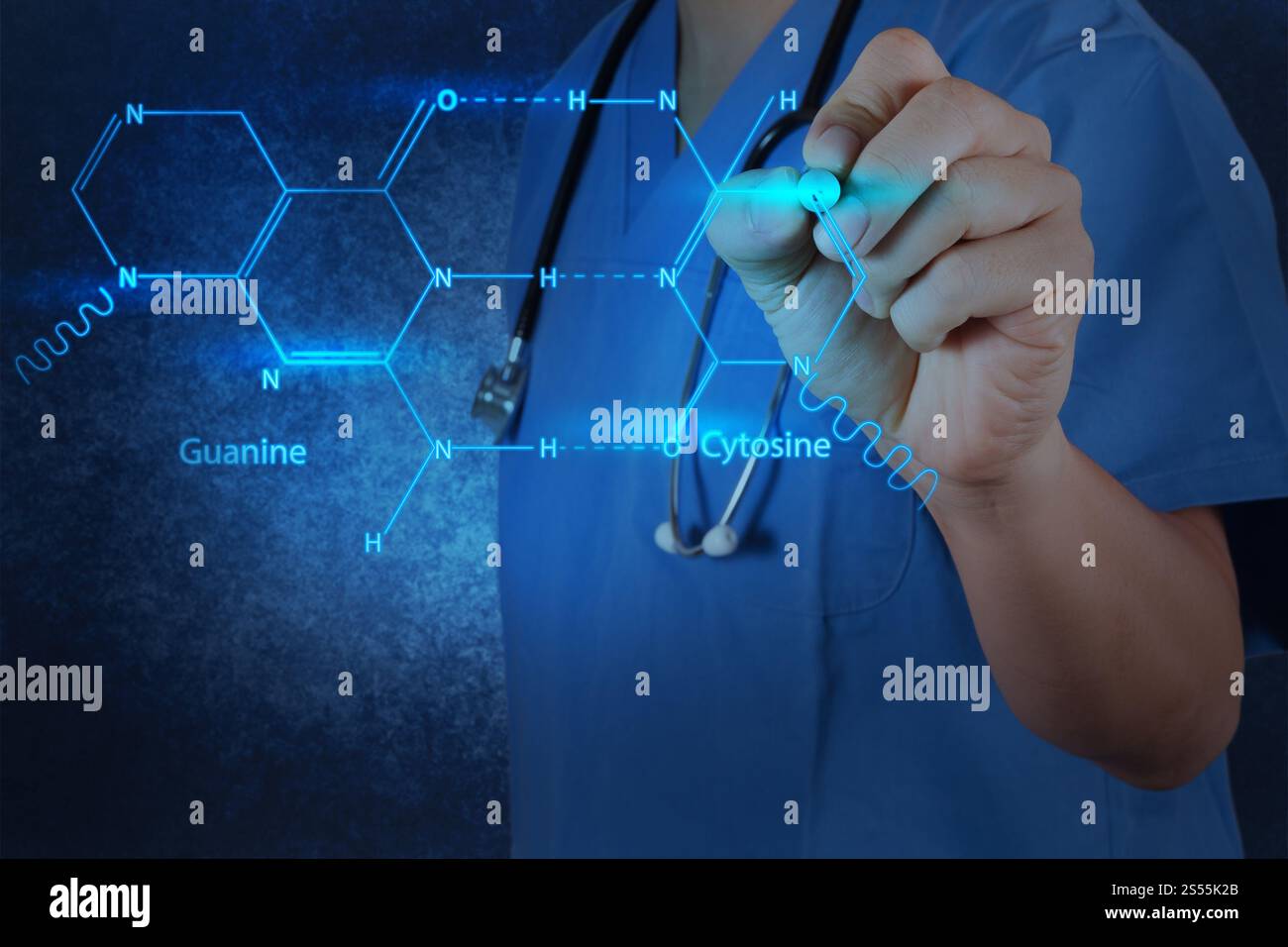 chemist doctor hand drawing chemical formulas on virtual board Stock ...