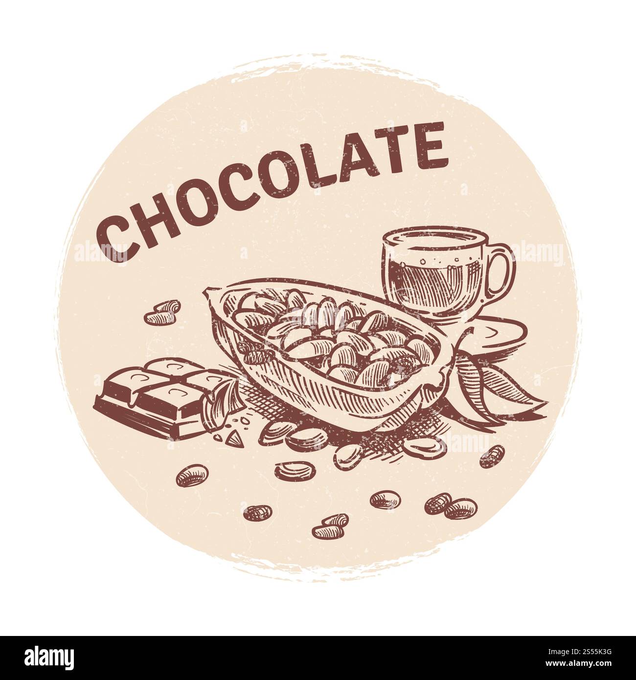 Hand drawing vector chocolate emblem with chocolate bar, cocoa beans ...