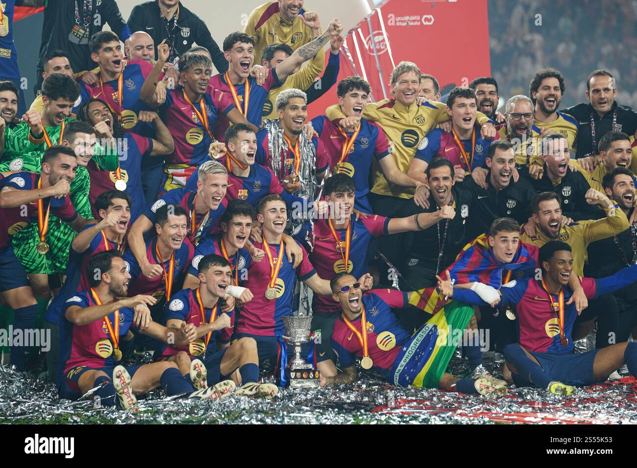 Jeddah, Saudi Arabia. 13th Jan, 2025. Barcelona's players celebrate ...