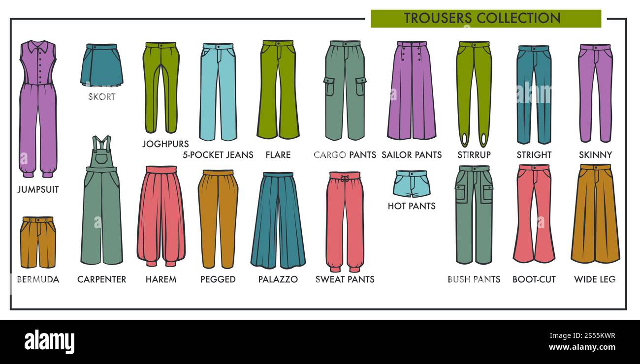 Woman trousers fashion type models collection. Vector isolated line ...