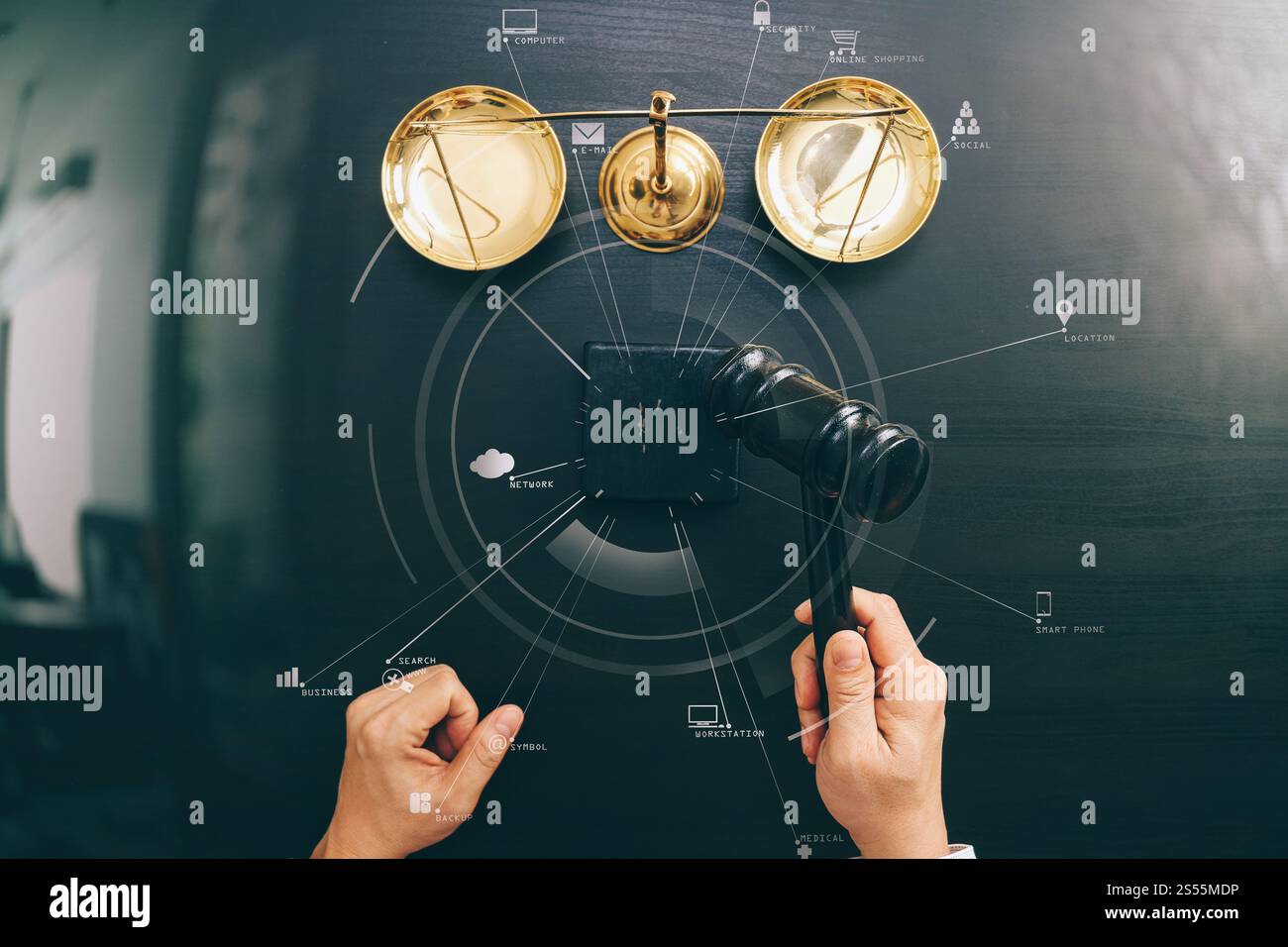 justice and law concept.Top view of Male judge hand in a courtroom with ...