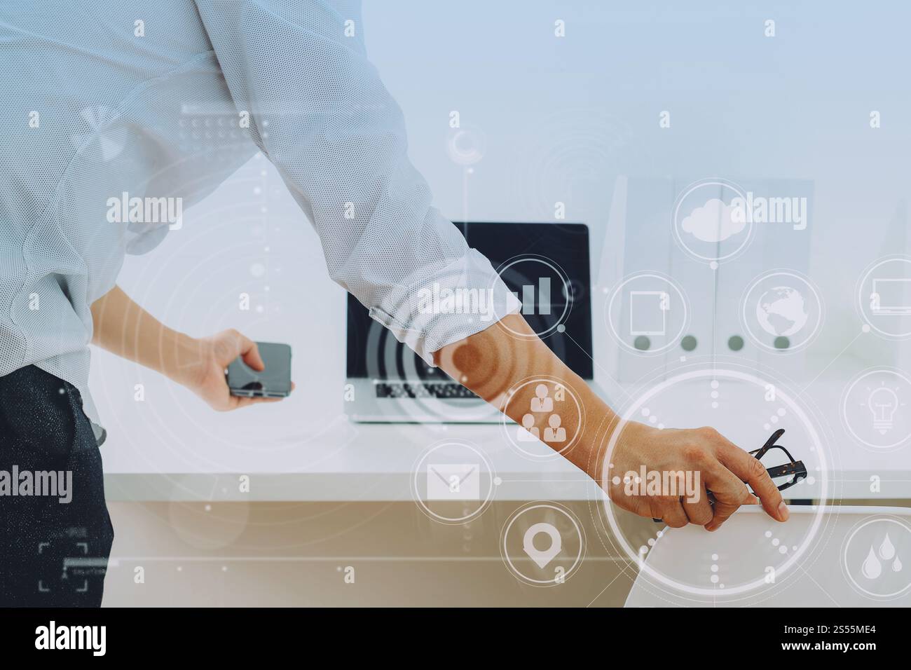 Big data analytics with business intelligence (BI) concept.Businessman ...