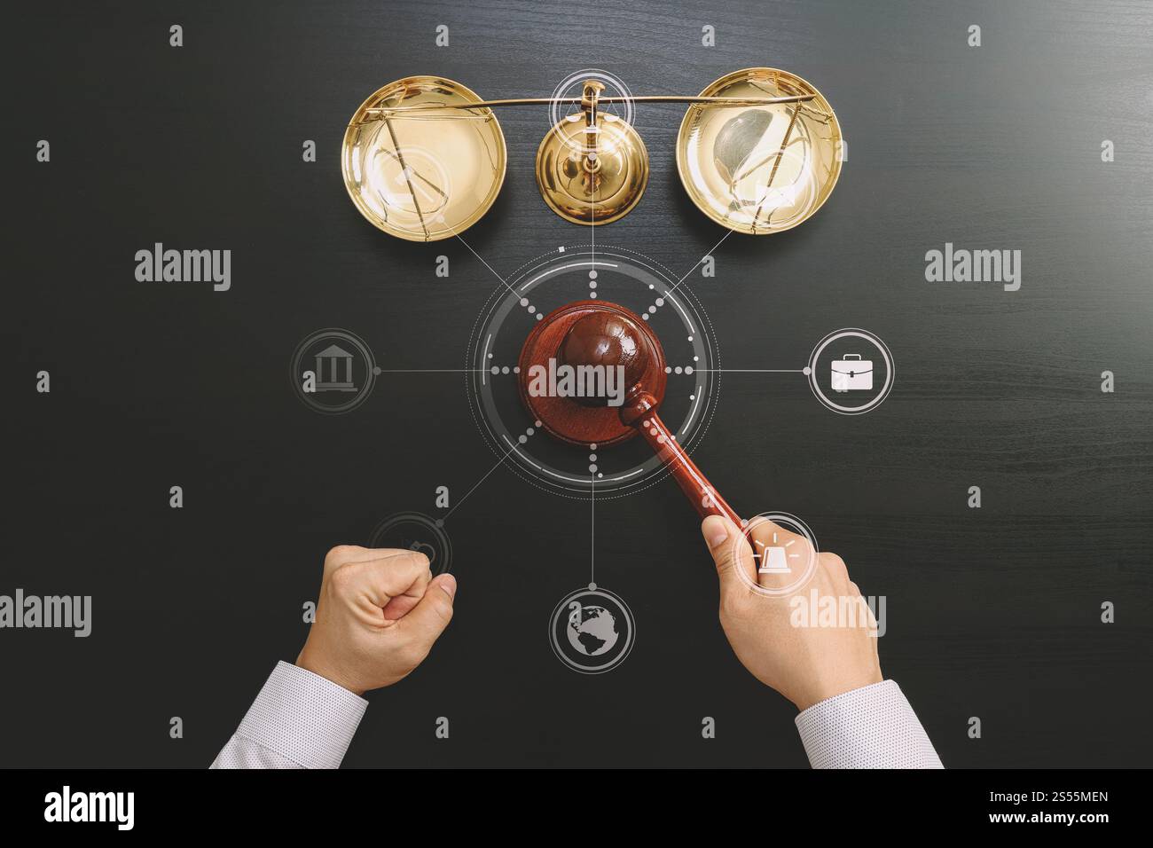 justice and law concept.Top view of Male judge hand in a courtroom with ...