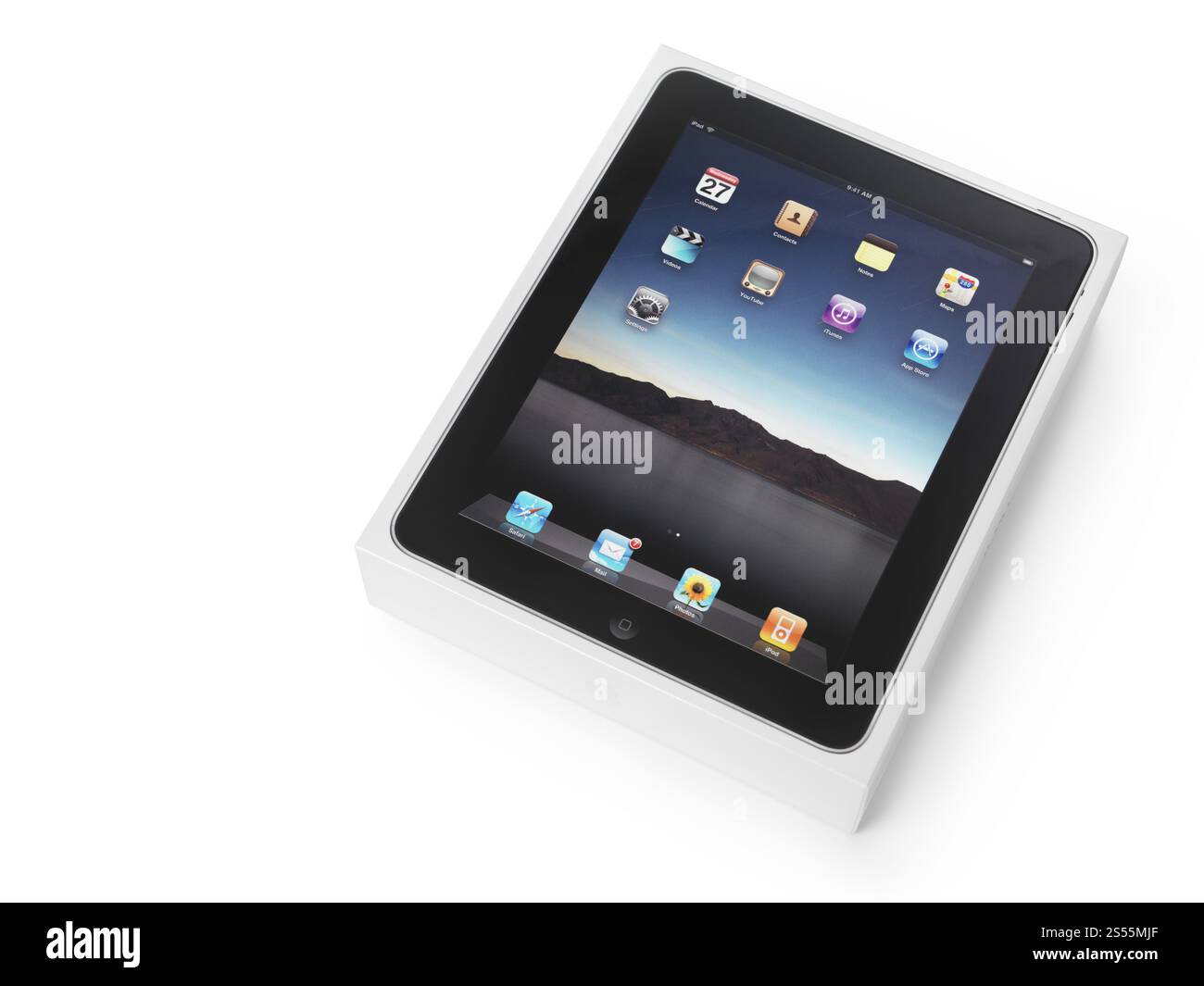 Apple iPad product packaging boxed and wrapped in plastic. Isolated ...