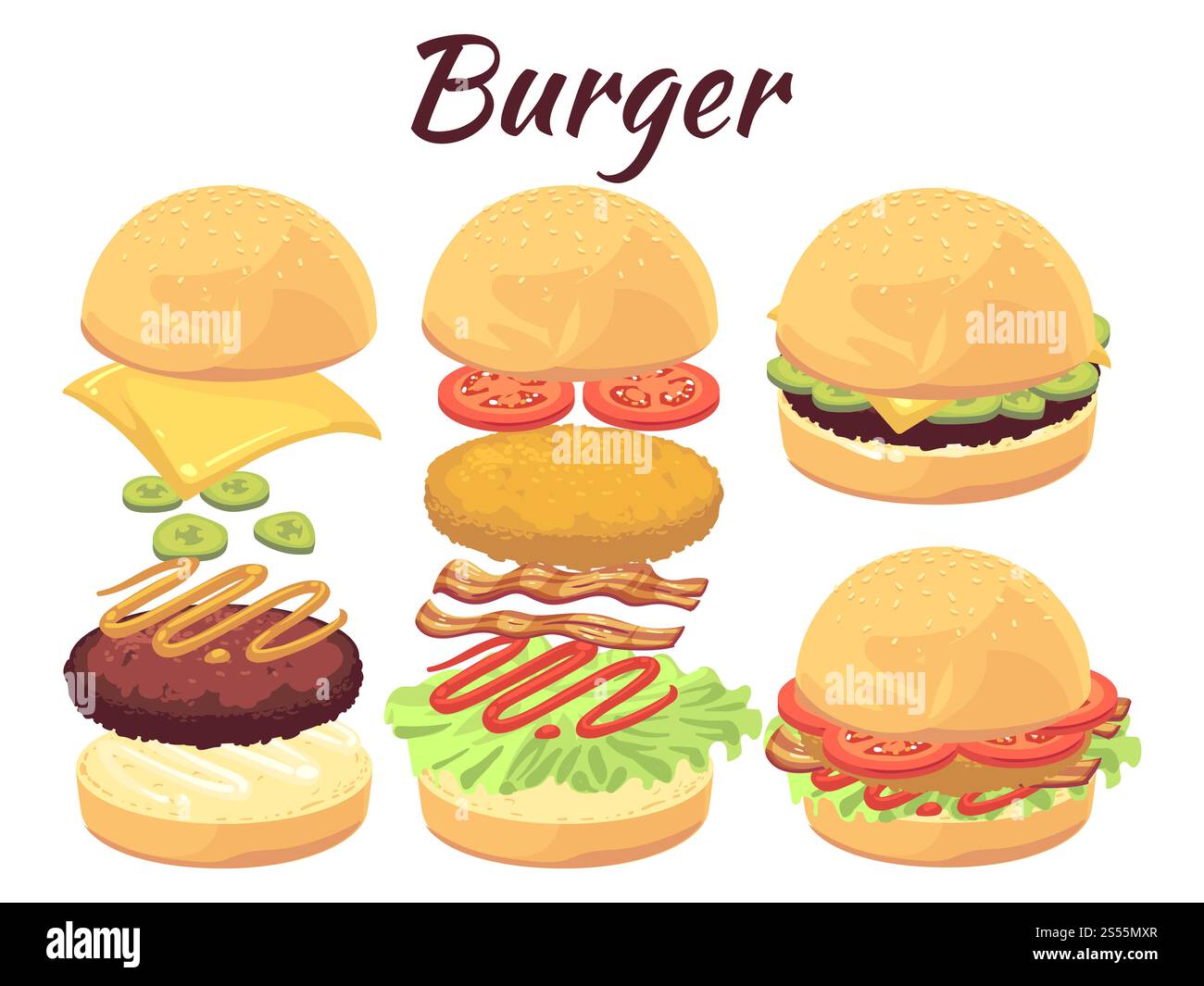 Burgers isolated on white background. Cartoon fast food vector ...