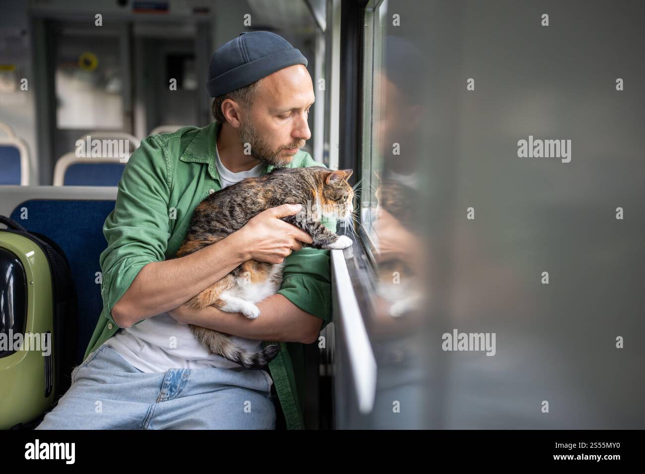 Caring man traveling on electric train with curious cat sitting calmly ...