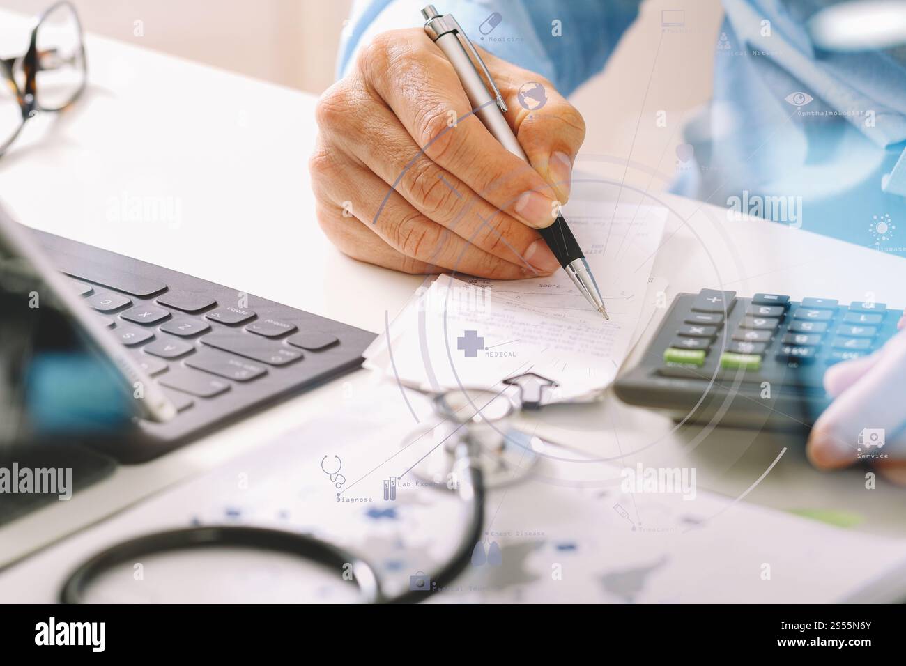 Healthcare costs and fees concept.Hand of smart doctor used a ...