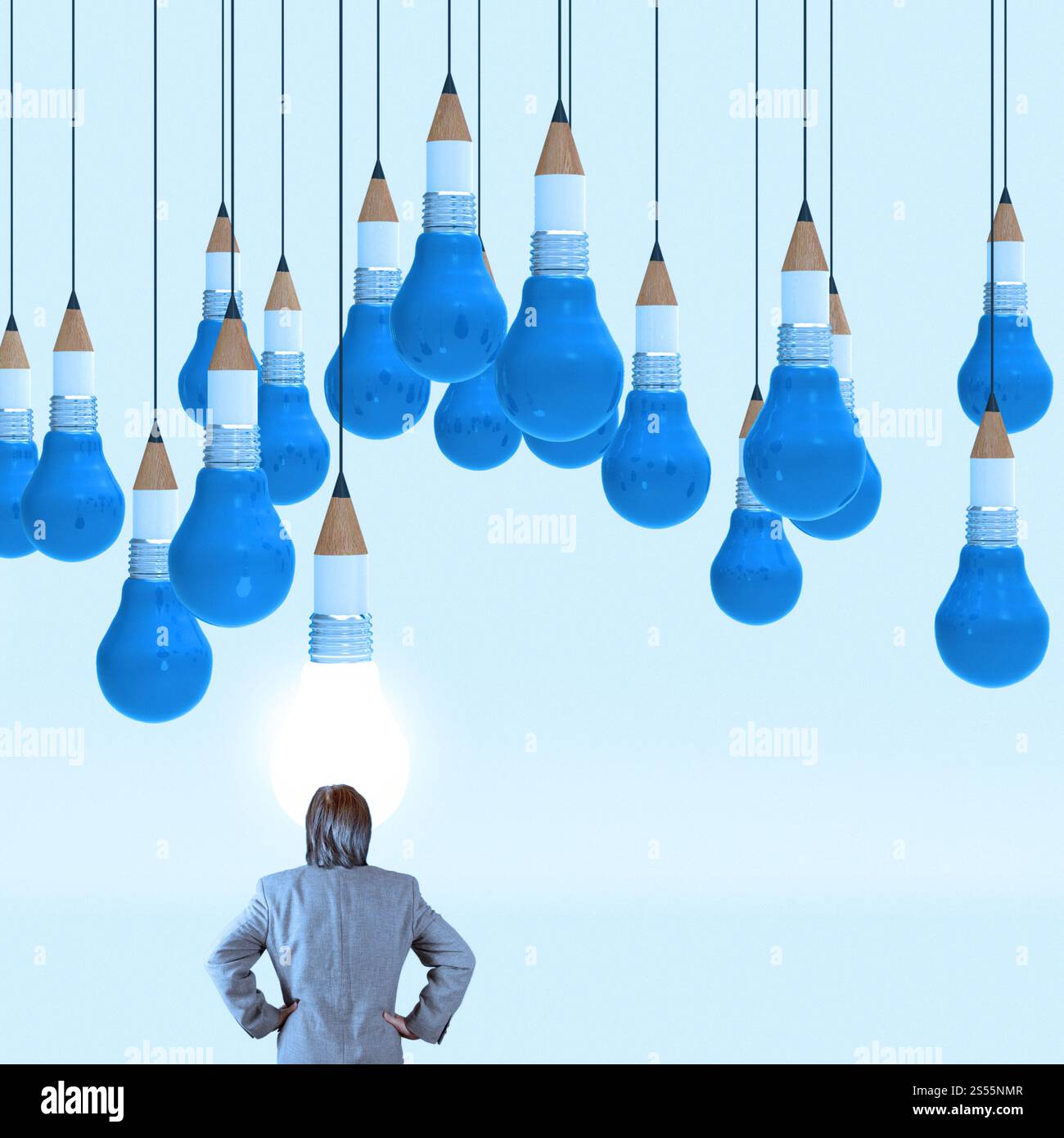 businessman looking at drawing idea pencil and light bulb concept ...
