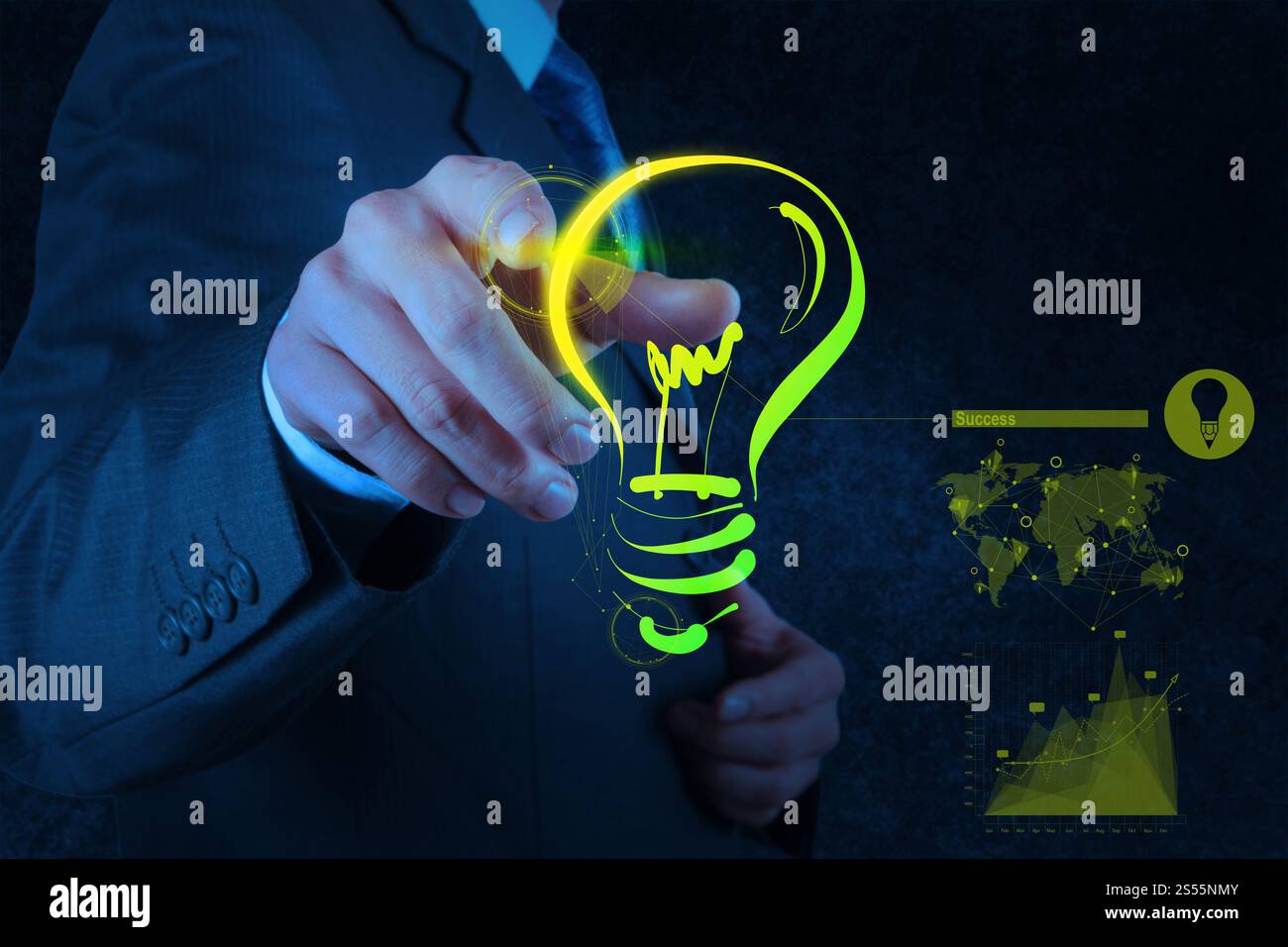 businessman hand drawing light bulb on touch screen computer as success ...