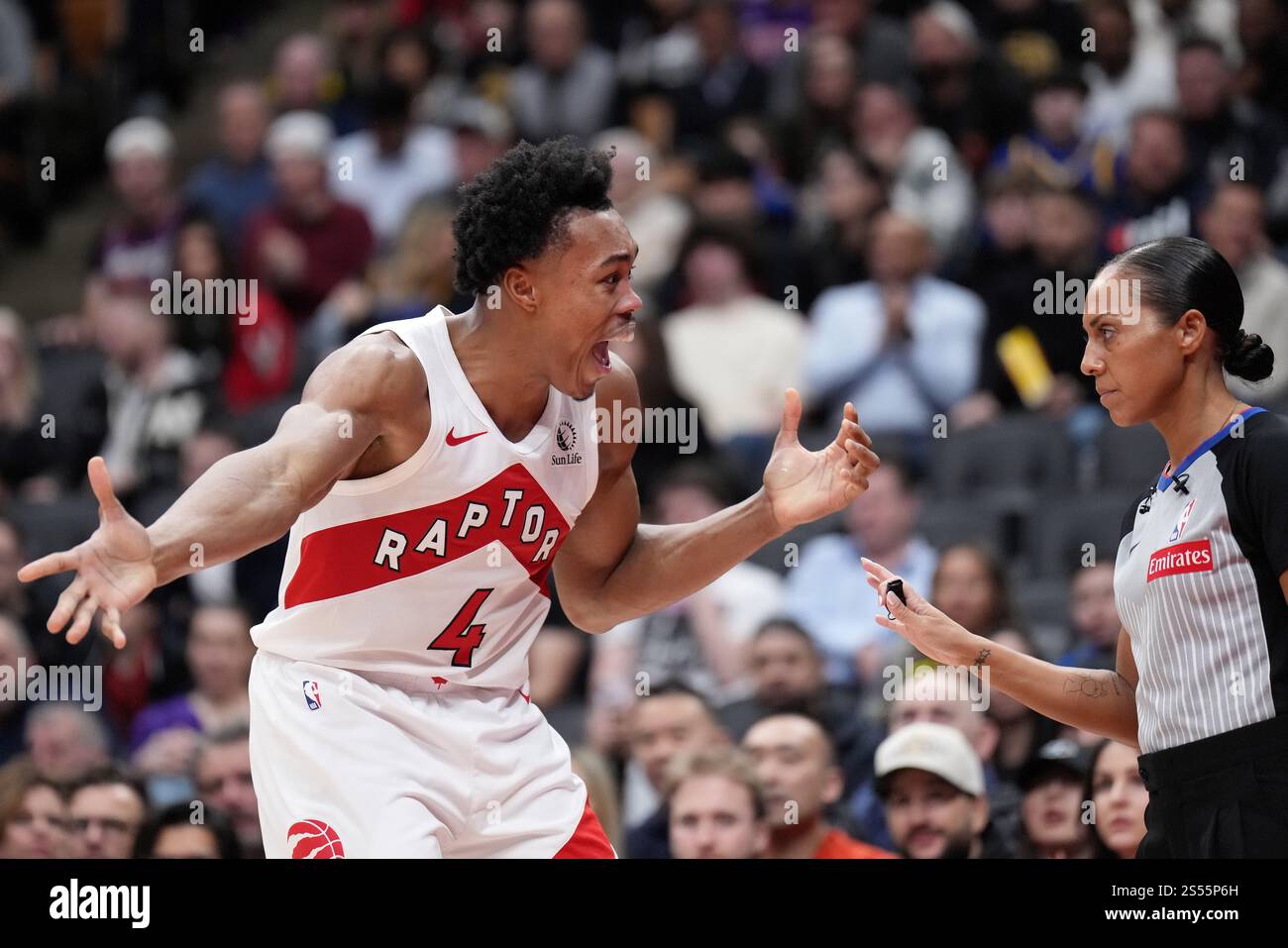 Toronto Raptors forward Scottie Barnes (4) disputes a call with referee ...