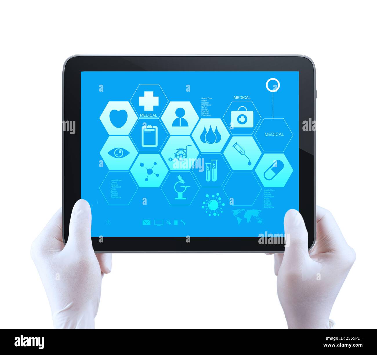 Medicine doctor hand shows tablet compuer with medical computer ...