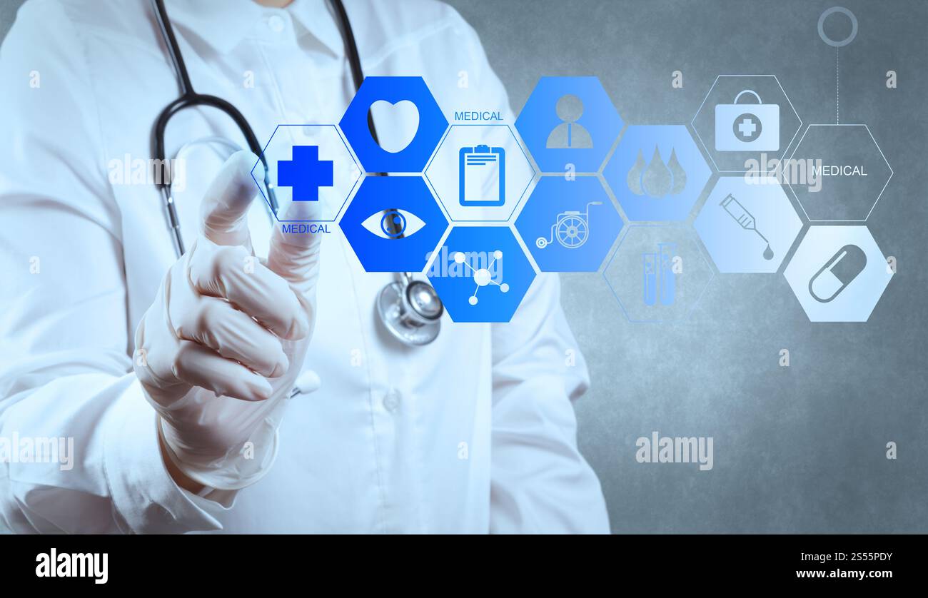 Medicine doctor hand working with modern computer interface Stock Photo ...
