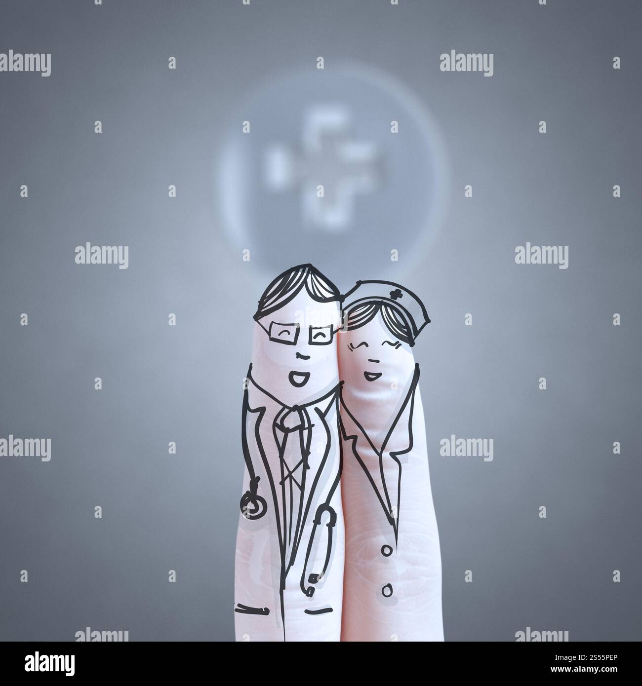 A lovely couple hand drawn and finger,doctor and nurse on texture ...