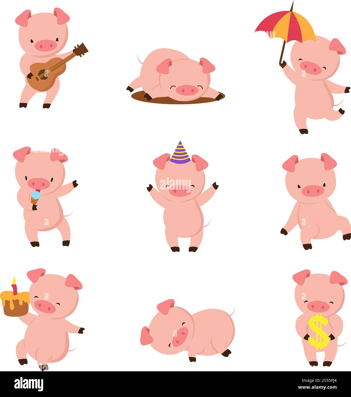 Cartoon pig. Cute smiling pigs playing in mud. Vector farm animal ...