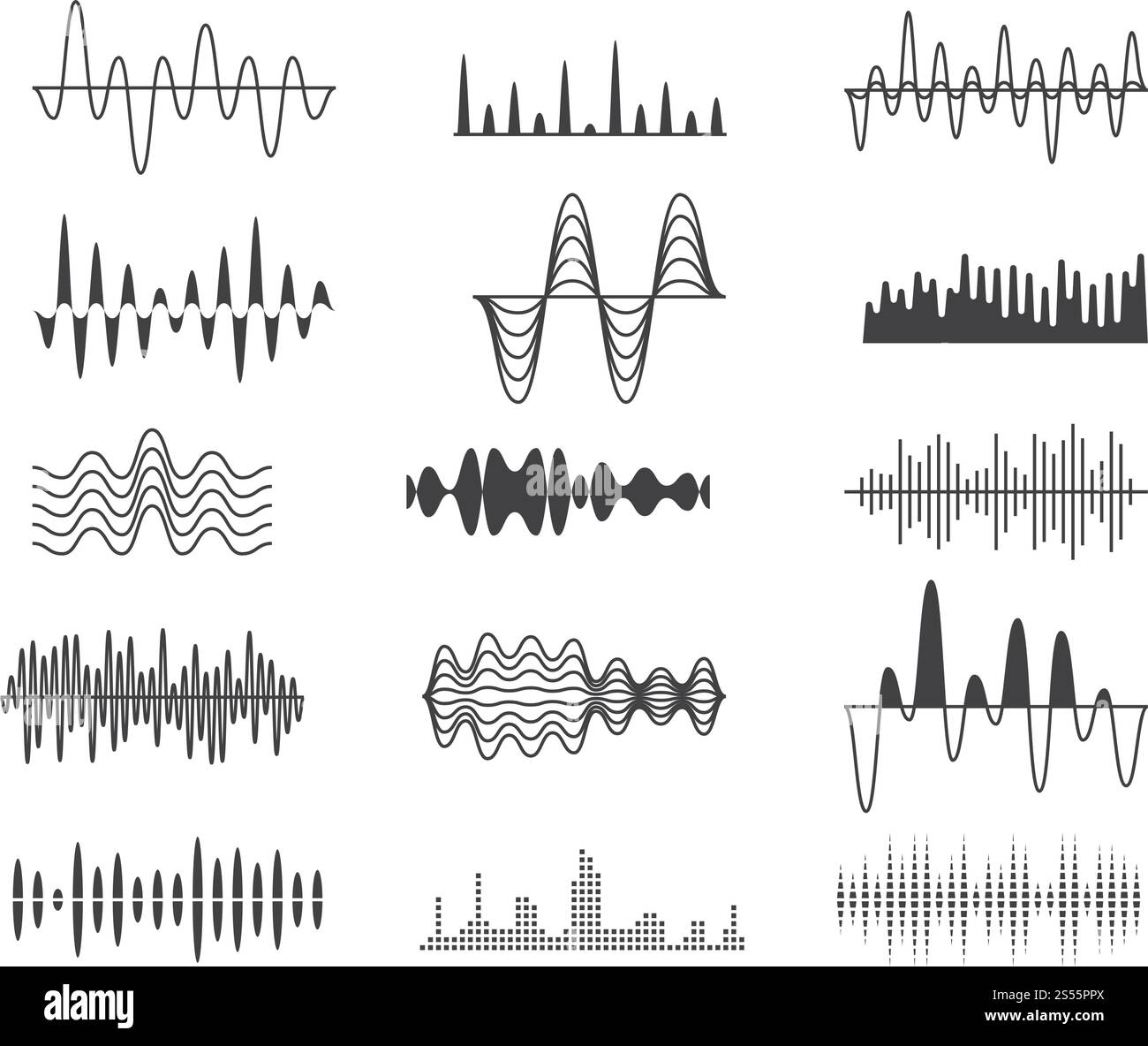 Sound amplitude waves. Radio signal symbols. Audio music equalizer, voice wave vector set ...