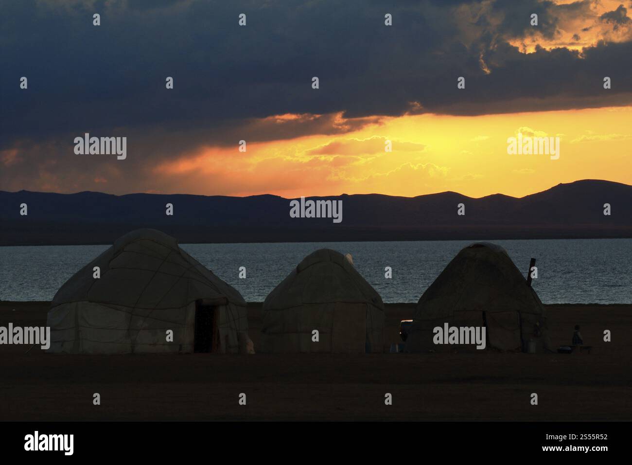 Sunset with yurt camp at Lake Songkoel (Son Kul, Song Kol), Kyrgyzstan ...