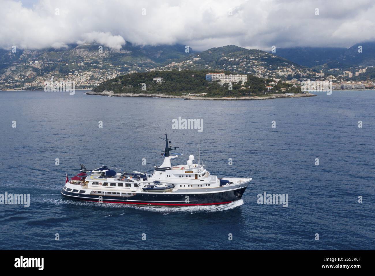 Aerial view expedition yacht motor yacht ITASCA (ex Thames III, Smit ...
