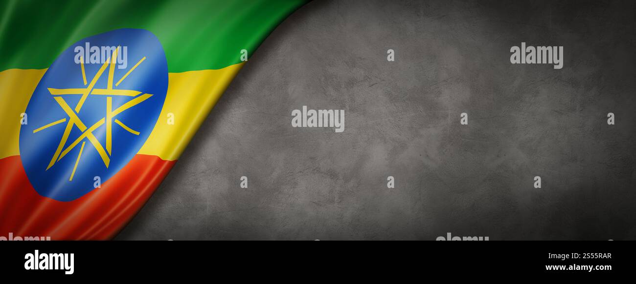 Ethiopia flag on concrete wall. Horizontal panoramic banner. 3D illustration Stock Photo - Alamy