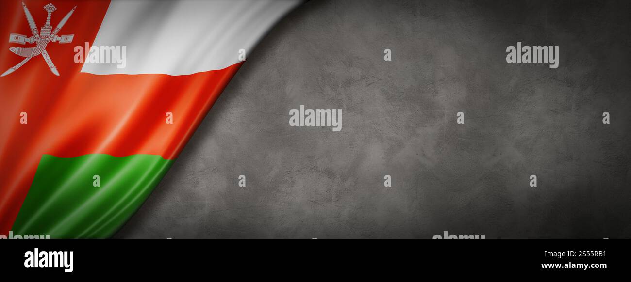 Oman flag on concrete wall. Horizontal panoramic banner. 3D ...